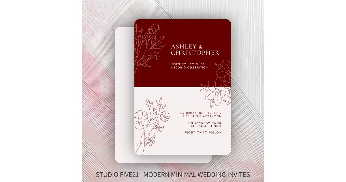 Minimal Crimson Red Foliage Outline Wedding Invitation | Zazzle