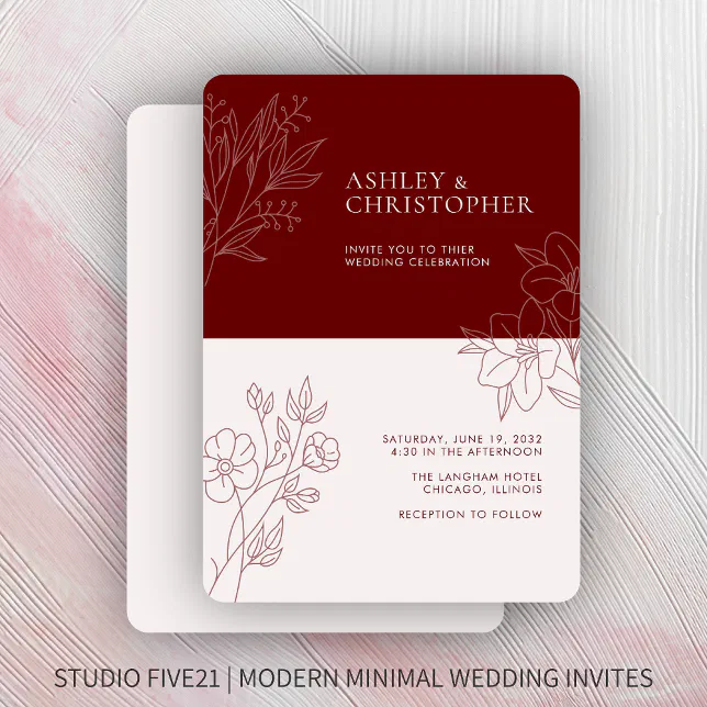 Minimal Crimson Red Foliage Outline Wedding Invitation | Zazzle