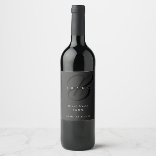 Minimal Dark Gray Black Elegant Monogram Company Wine Label | Zazzle