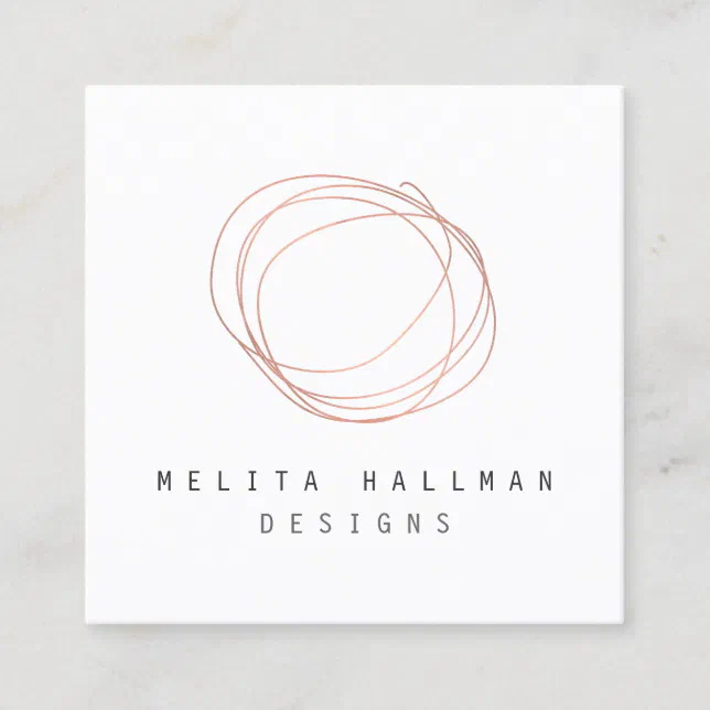 Minimal Designer Scribble Logo in Rose Gold Square Business Card | Zazzle