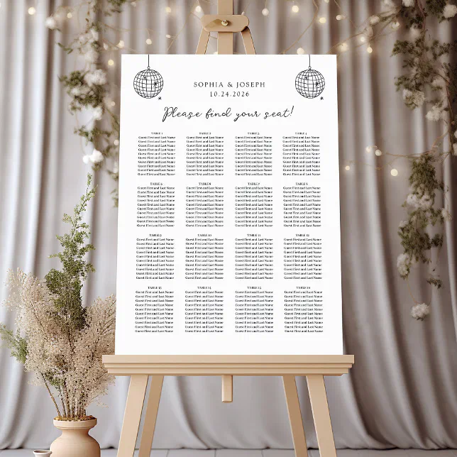 Minimal Disco Ball | Black and White Seating Chart Foam Board | Zazzle