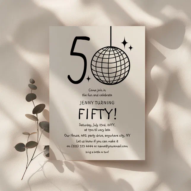 Minimal Doodle 50th Disco Ball Birthday Invitation | Zazzle