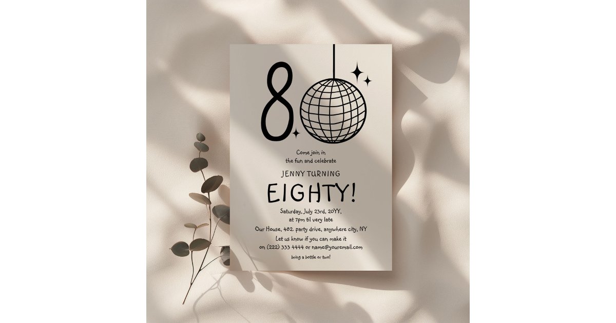 Minimal Doodle 80th Disco Ball Birthday Invitation | Zazzle
