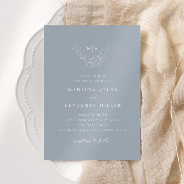 Minimal Dusty Blue Botanical Monogram Wedding Invitation | Zazzle