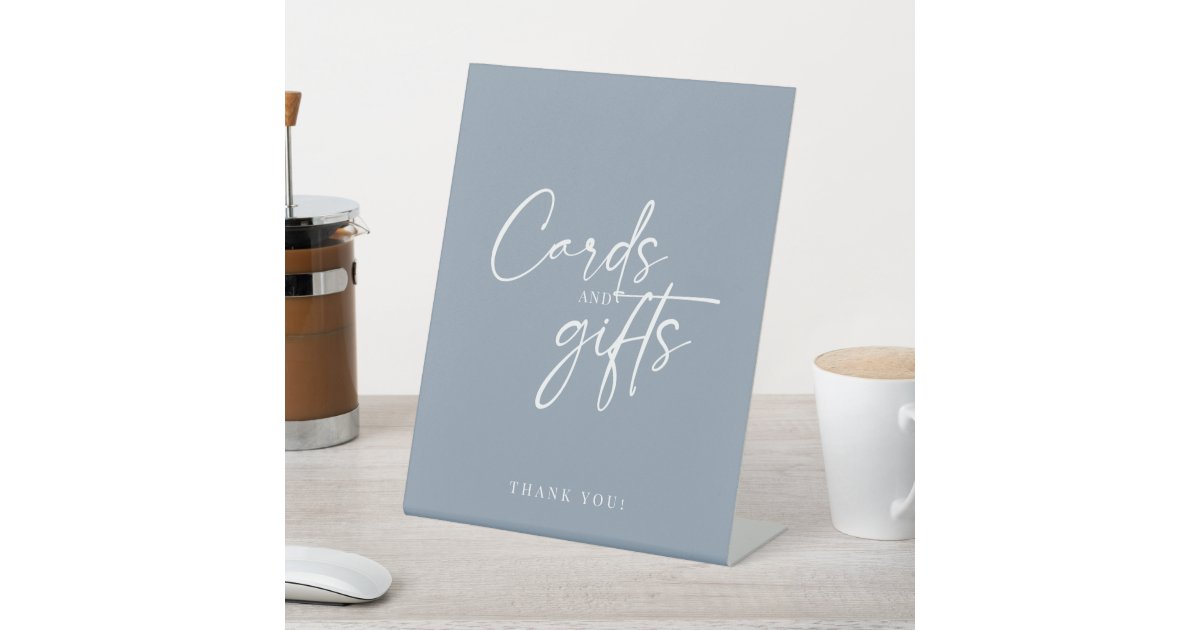 Minimal Dusty Blue Modern Script Cards and Gifts Pedestal Sign | Zazzle