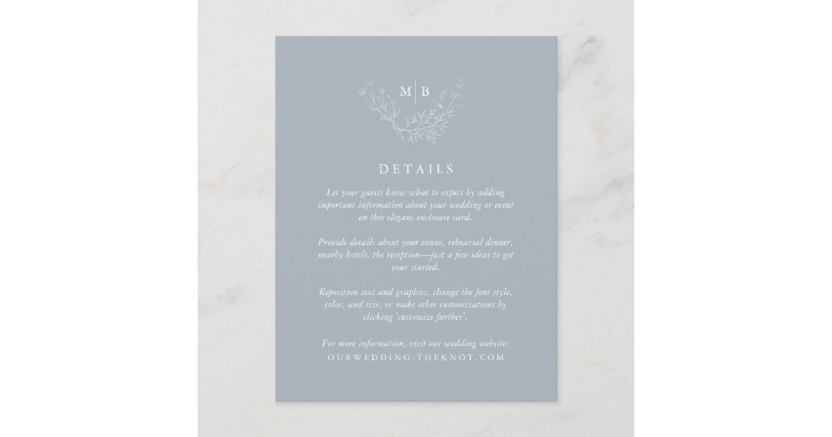 Minimal Dusty Blue Monogram Wedding Details Enclosure Card | Zazzle