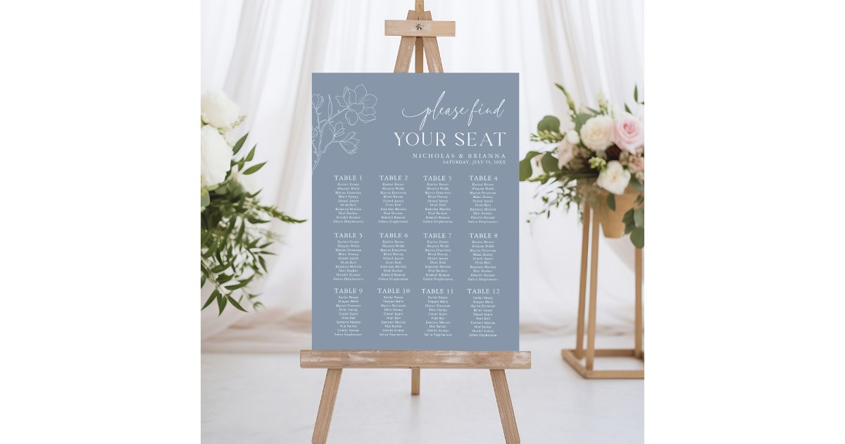 Minimal Dusty Blue Wedding 12 Table Seating Chart Foam Board | Zazzle