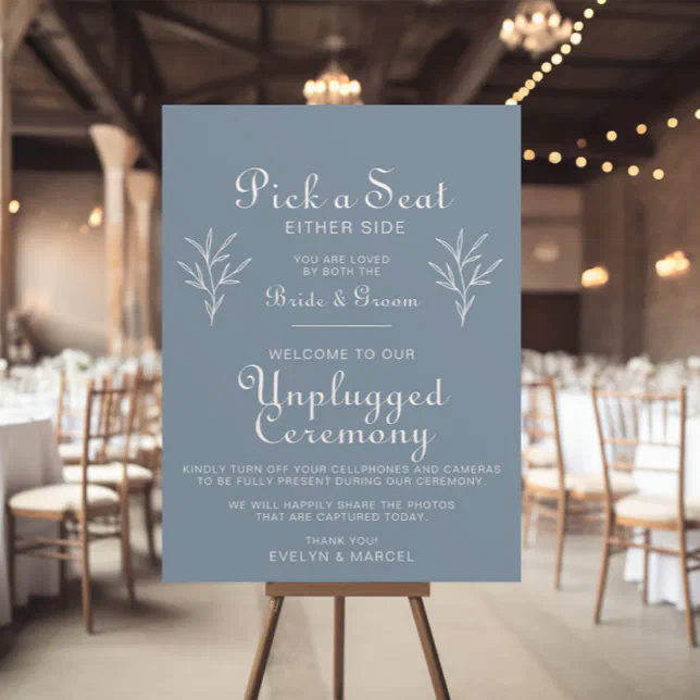 Minimal Dusty Blue Wedding Unplugged Ceremony Poster | Zazzle
