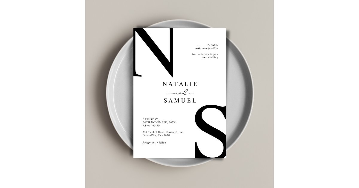 Minimal Elegant Black & White Bold Initial Wedding Invitation | Zazzle