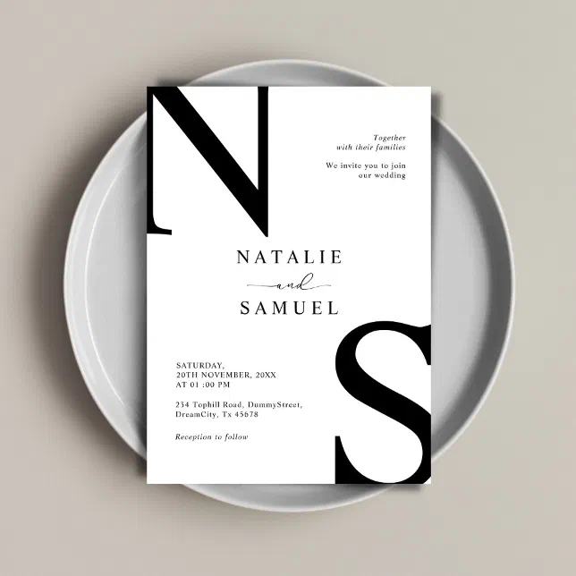 Minimal Elegant Black & White Bold Initial Wedding Invitation | Zazzle