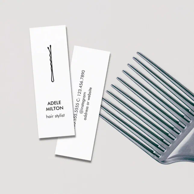 Minimal Elegant Black White Hair Pin Mini Business Card | Zazzle