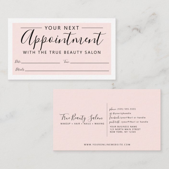 Minimal Elegant Blush Pink White Border Script Appointment Card ...