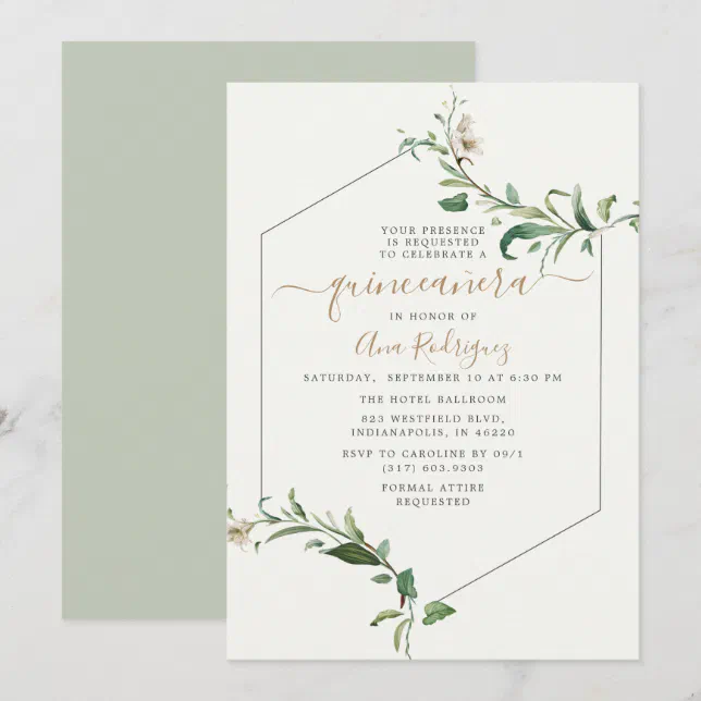 Minimal Elegant Greenery Floral Quinceañera Invitation | Zazzle