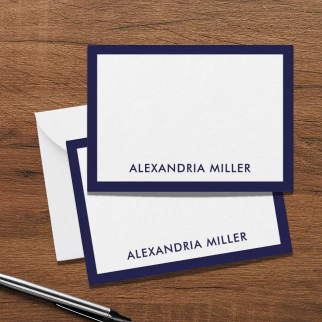 Minimal Elegant Monogram Name White Navy Note Card | Zazzle