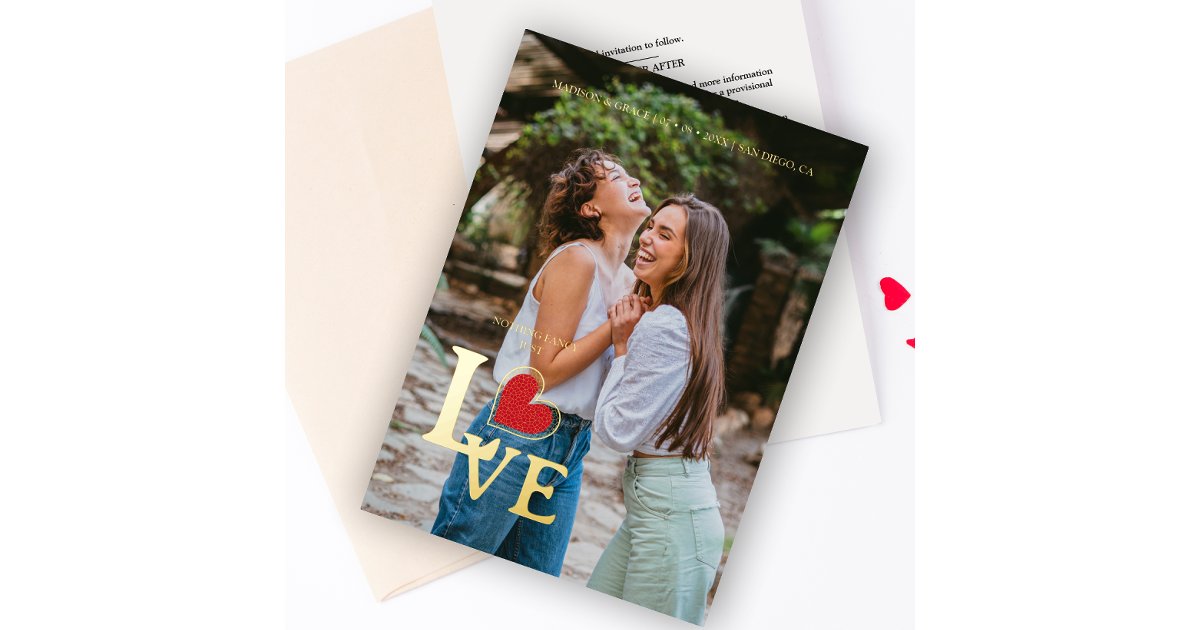 Minimal Elegant Photo Trendy Fake Lace Red Heart Foil Invitation | Zazzle
