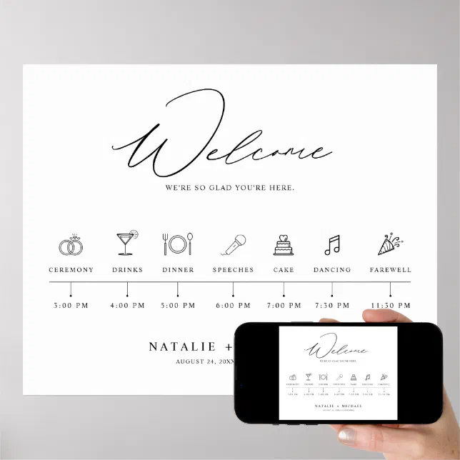 Minimal Elegant Wedding Welcome Sign with Timeline | Zazzle