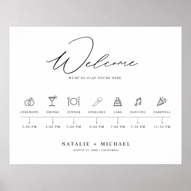 Minimal Elegant Wedding Welcome Sign with Timeline | Zazzle