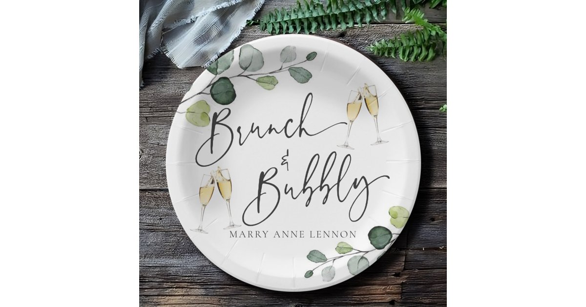 Minimal Eucalyptus Brunch and Bubbly Paper Plates | Zazzle