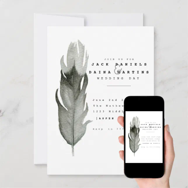 Minimal Feather Watercolor Wedding Invite | Zazzle