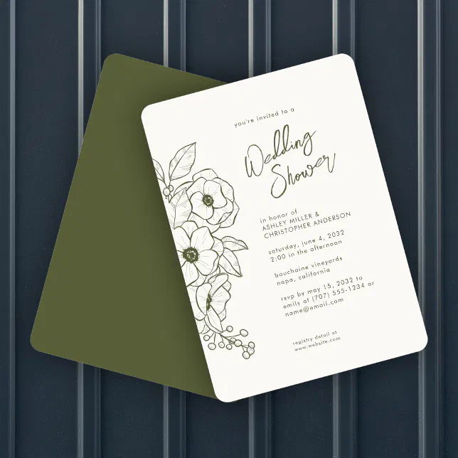 Minimal Floral Botanical Moss Green Wedding Shower Invitation | Zazzle