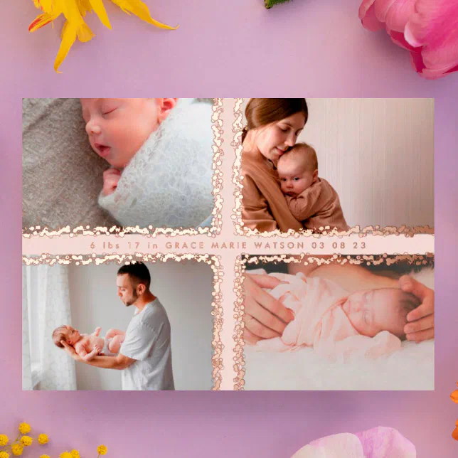 minimal foil photo collage baby birth announcement | Zazzle