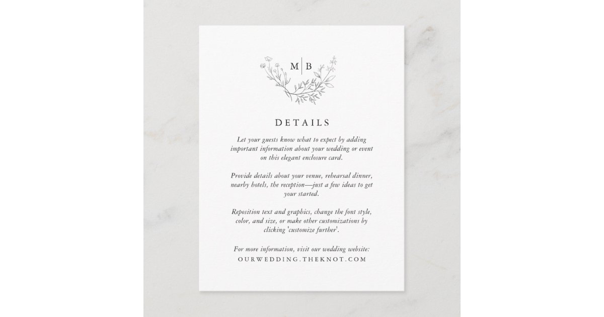Minimal Formal Monogram Wedding Details Enclosure Card | Zazzle
