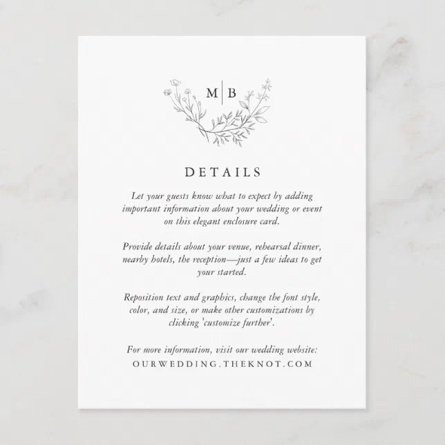Minimal Formal Monogram Wedding Details Enclosure Card | Zazzle