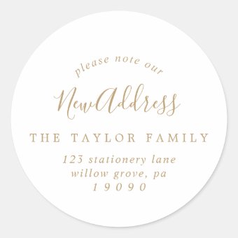 Minimal Gold Please Note Our New Address Envelope Classic Round Sticker ...