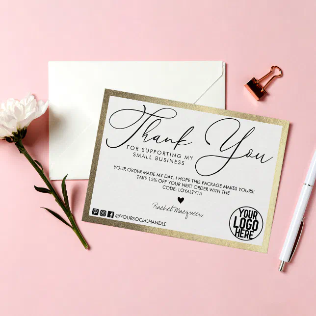 Minimal Gold White Black Script Customer Thank You Business Card | Zazzle