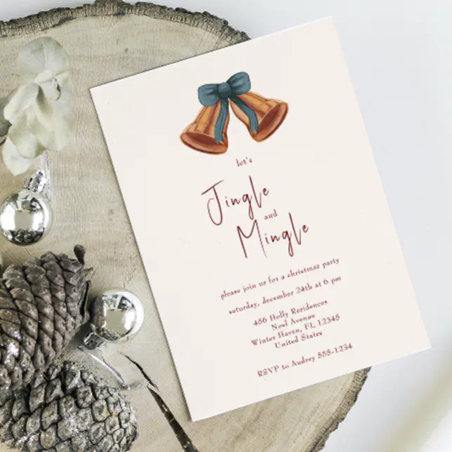 Minimal Golden Christmas Bell Jingle & Mingle Invitation | Zazzle