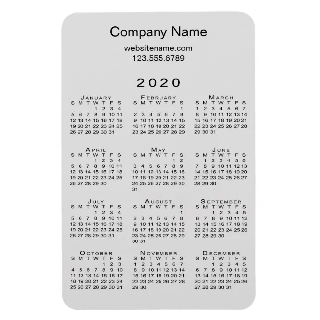 Minimal Gray Black 2020 Calendar Company Name Info Magnet | Zazzle