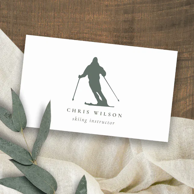 Minimal Green Skiing Silhouette Instructor Coach Business Card | Zazzle