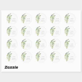 Minimal Green Watercolor Fern Foliage Wedding Classic Round Sticker ...
