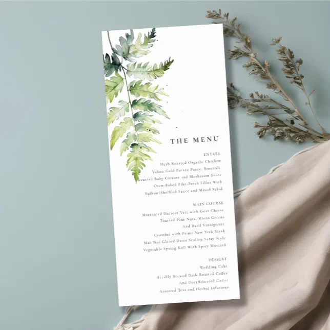Minimal Green Watercolor Fern Foliage Wedding Menu | Zazzle