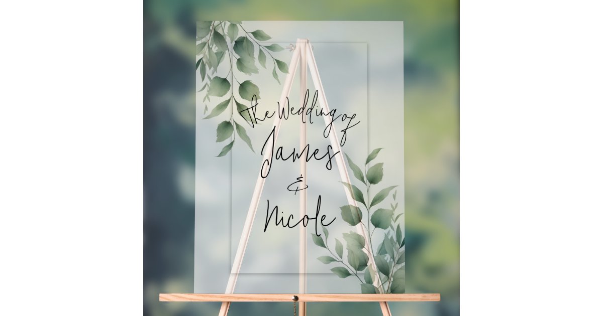 Minimal Greenery Leaves Modern White Wedding Acrylic Sign | Zazzle