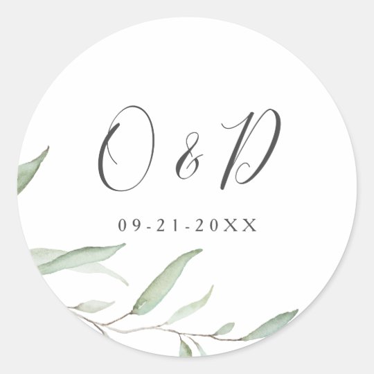 Minimal greenery monogram wedding favor classic round sticker | Zazzle.com