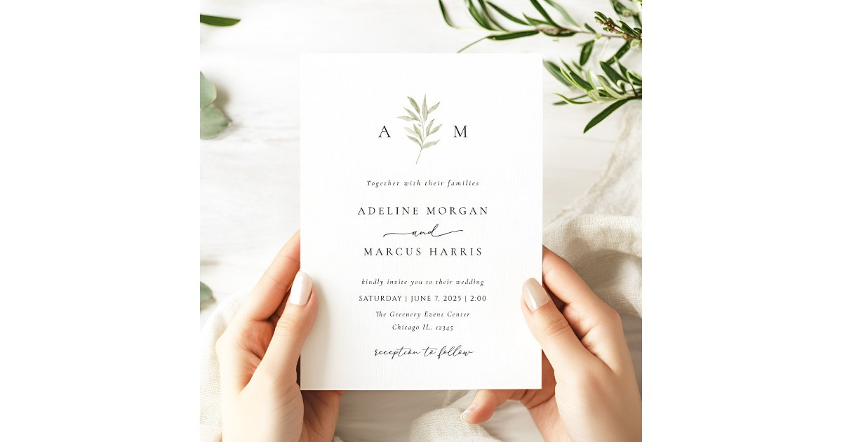 Minimal Greenery Olive Branch Wedding Invitation | Zazzle