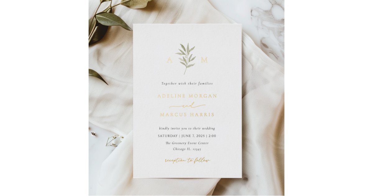 Minimal Greenery Olive Branch Wedding Invitation Foil Invitation | Zazzle