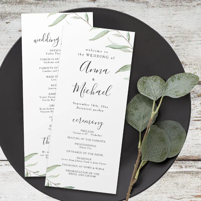 Minimal greenery rustic wedding program | Zazzle
