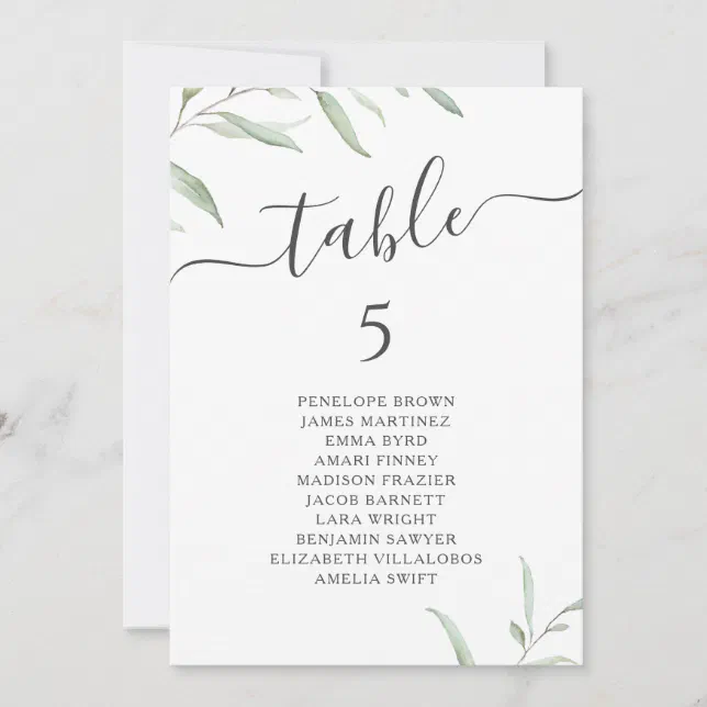 Minimal greenery script table number seating chart | Zazzle
