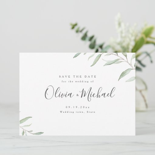 Minimal greenery simple calligraphy save the date | Zazzle