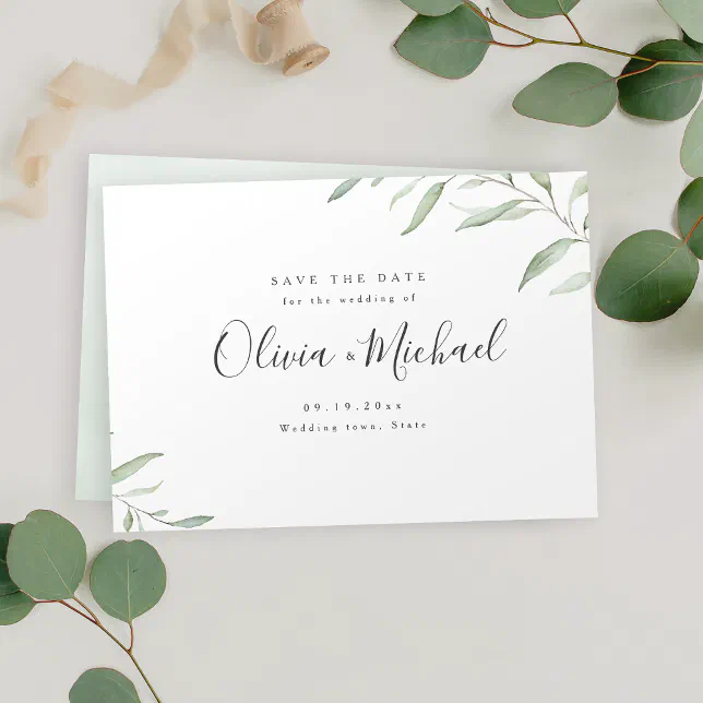 Minimal greenery simple calligraphy save the date | Zazzle