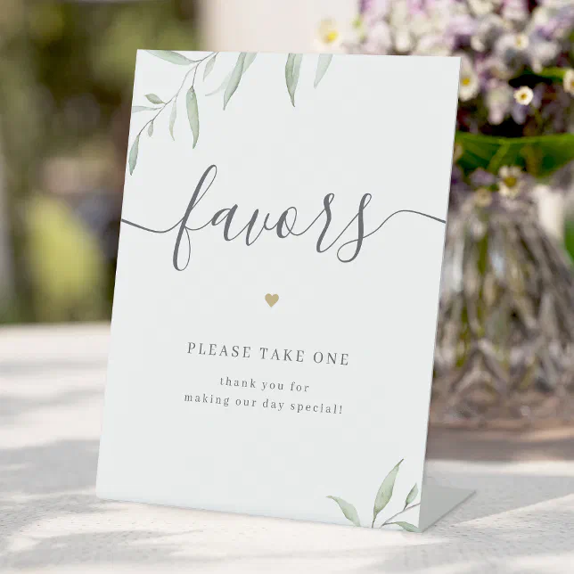Minimal greenery Wedding Favors Please Take One Pedestal Sign | Zazzle