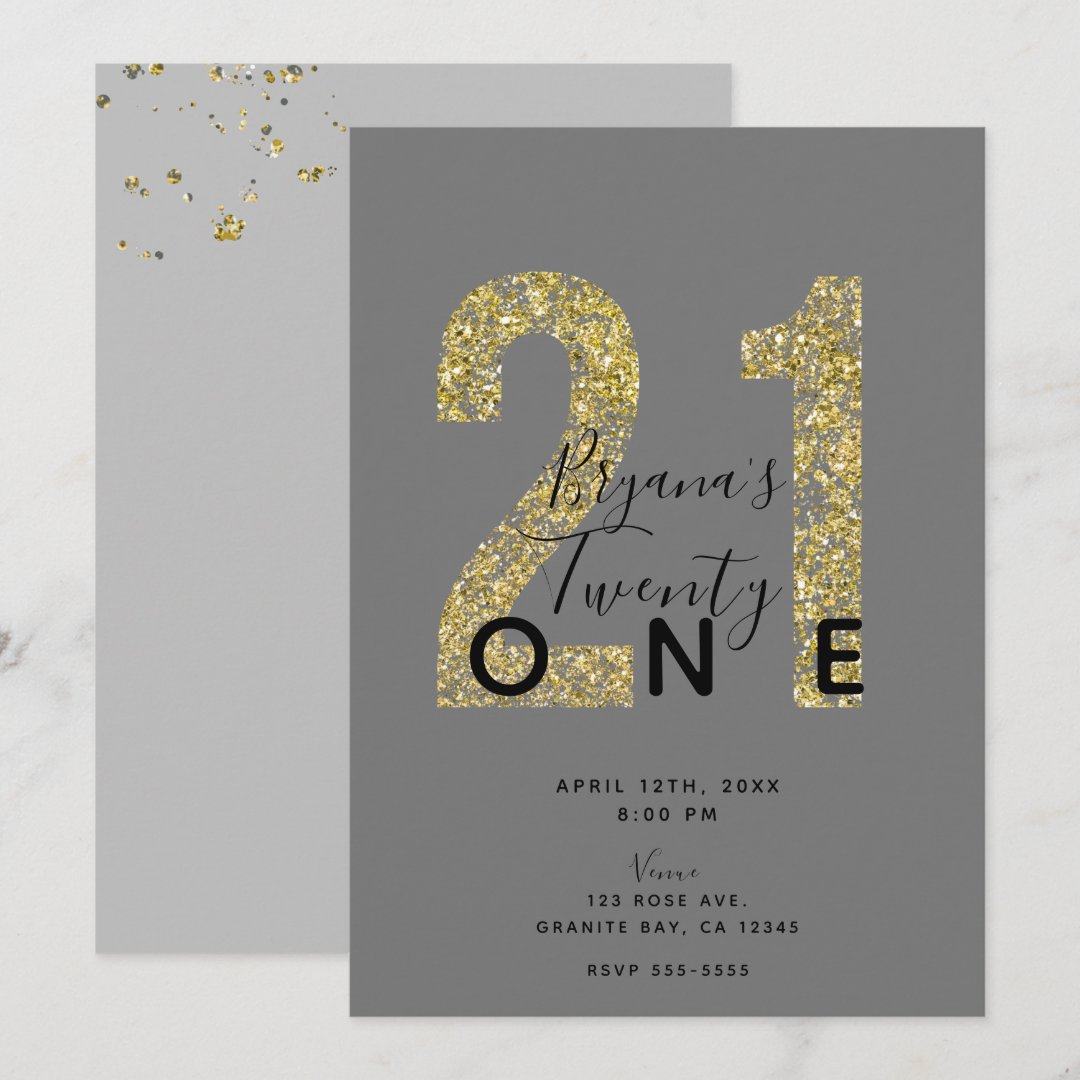 Minimal Grey Gold Flakes 21 Glitter 21st Birthday Invitation | Zazzle