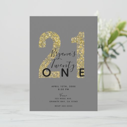 Minimal Grey Gold Flakes 21 Glitter 21st Birthday Invitation | Zazzle