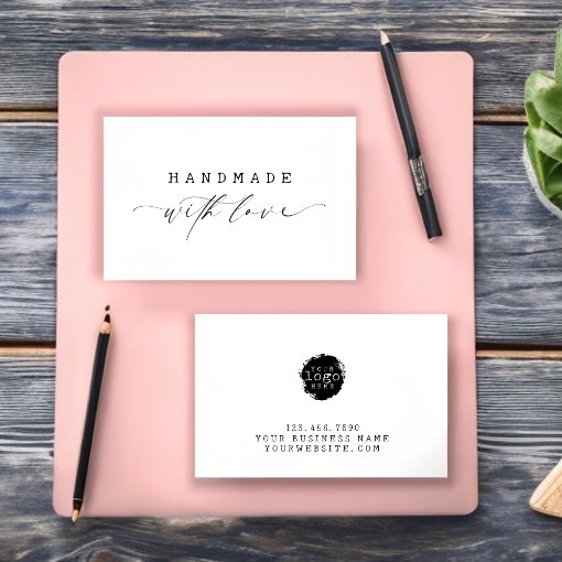 Minimal Handmade with Love Script Custom Logo Business Card | Zazzle
