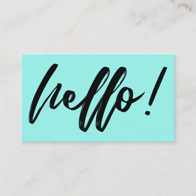 Minimal Hello in Handwriting Script Black on Aqua Business Card | Zazzle