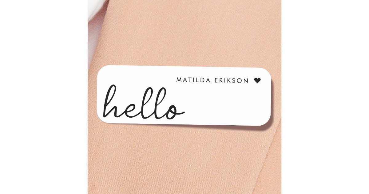 Minimal Hello | Modern Heart Clean Simple White Name Tag | Zazzle