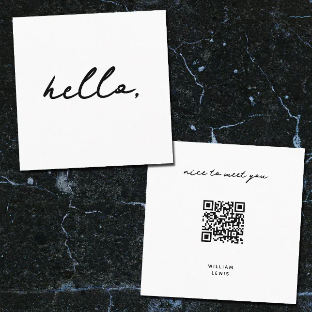 Minimal Hello Nice to Meet You QR Code & Name Square Business Card | Zazzle