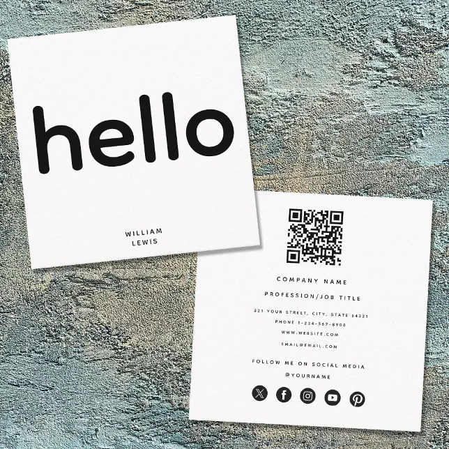 Minimal Hello QR Code Social Media Icons Square Business Card | Zazzle